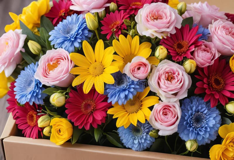 A Bouquet of Colorful Flowers in a Box with Space for Text Stock Illustration - Illustration of ...