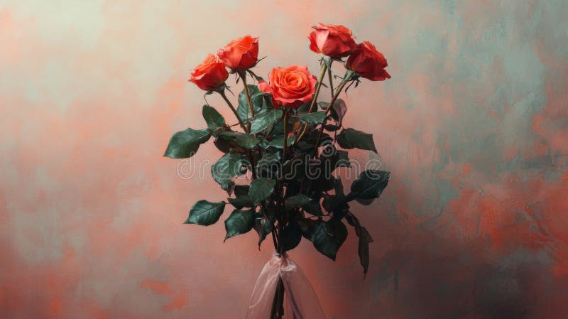 A Bouquet of Coral Roses Against a Textured Background Stock ...