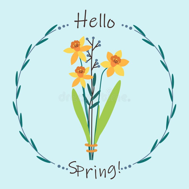 Bouquet with Daffodils, Branches and Text Hello Spring. Square Template ...
