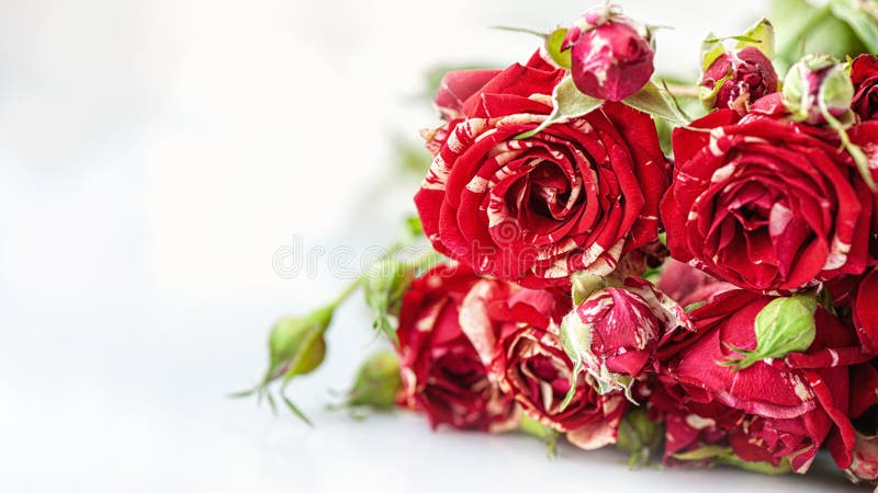 A Bouquet of Delicate Variegated White-red Medium-sized Roses on a ...