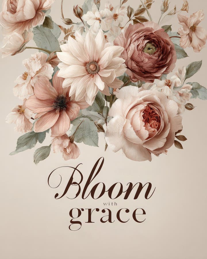 A Bouquet of Elegant Flowers with the Words Bloom with Grace in Graceful Script Stock ...