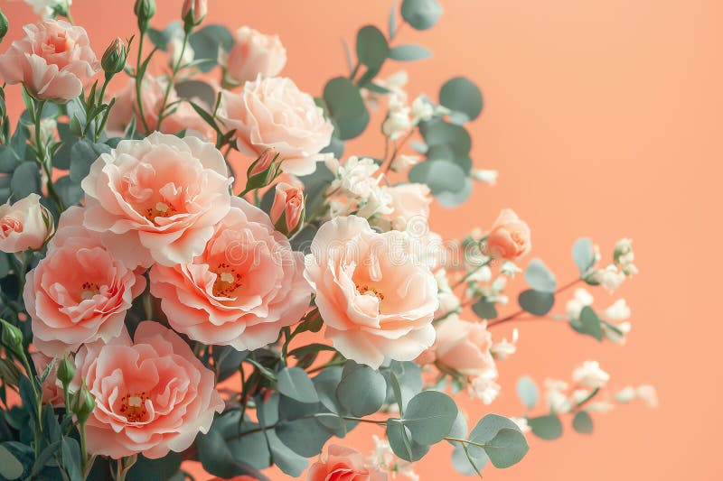 Bouquet of Eustoma and Eucalyptus Flowers on Delicate Peach Background ...