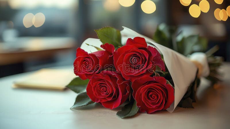 A Bouquet of Five Red Roses, Elegantly Wrapped, on a Table Stock ...