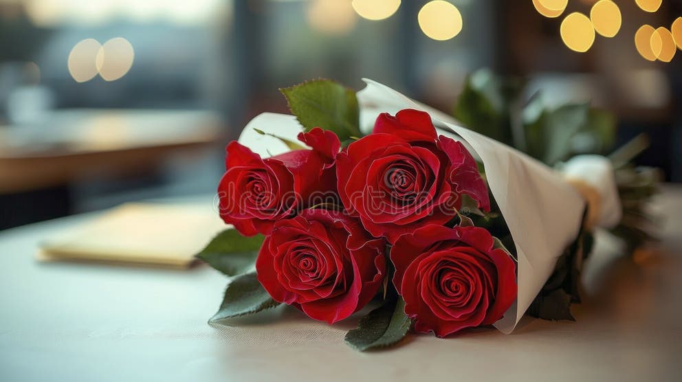 A Bouquet of Five Red Roses, Elegantly Wrapped, on a Table Stock ...