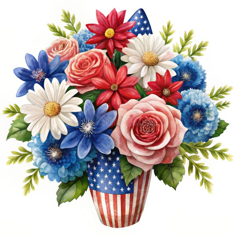 Bouquet of Flowers and Flags of the USA on a White Background Stock ...