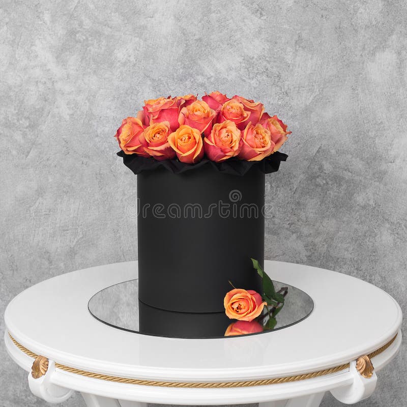 Bouquet of Flowers in a Hat Box on the Table Stock Image - Image of ...