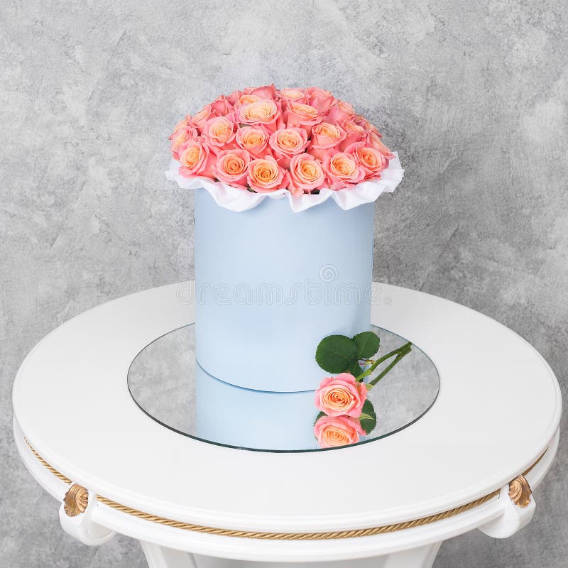 Bouquet of Flowers in a Hat Box on the Table Stock Image - Image of ...