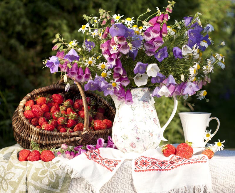 Bouquet of Flowers Still Life with Strawberries Stock Image - Image of ...