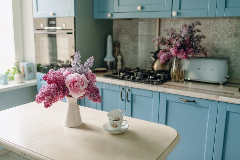 Bouquet of Flowers on the Table in the Kitchen, Kitchen Design, Blue ...