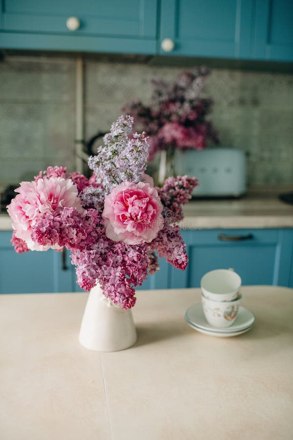 Bouquet of Flowers on the Table in the Kitchen, Kitchen Design, Blue ...