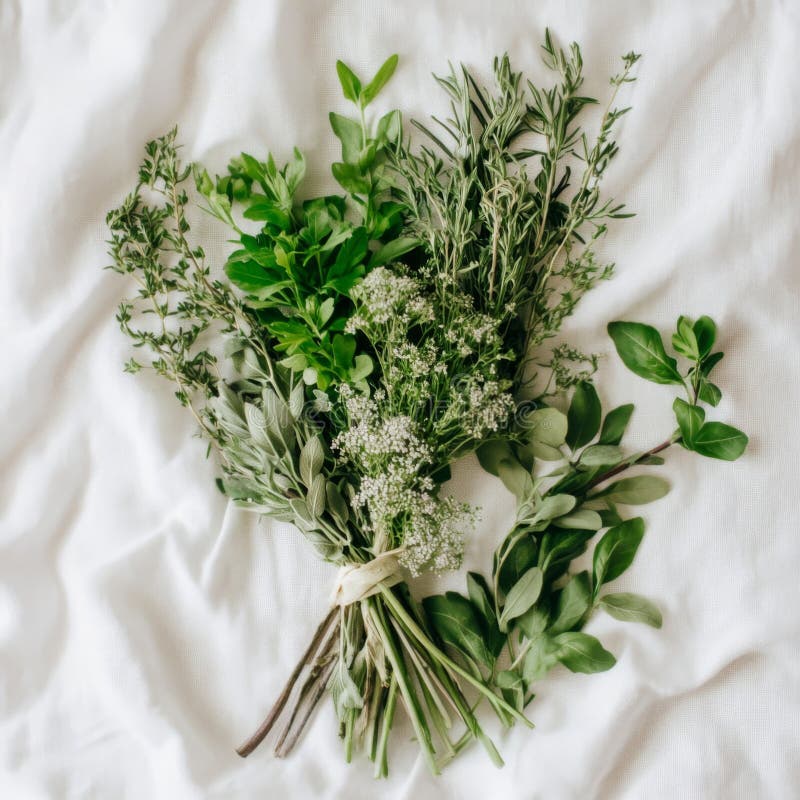A Bouquet of Fresh Herbs and Flowers on White Fabric Stock Illustration ...