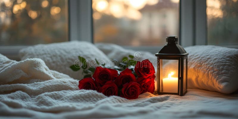 Bouquet of Fresh Red Roses Placed on a Soft White Bed with Glowing ...