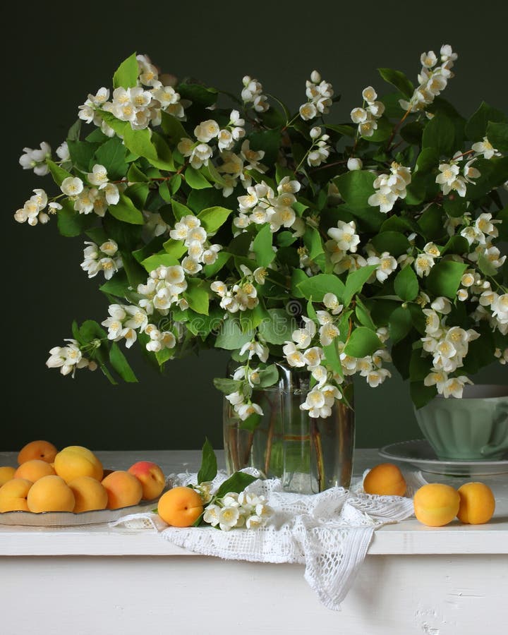 Bouquet of Jasmine and Fruit on the Table Stock Image - Image of ...