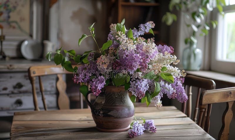 A Bouquet of Lilacs on a Rustic Farmhouse Table Stock Photo - Image of ...