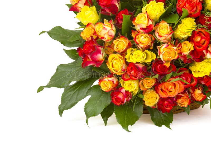 A Bouquet of Multicolored Roses in a Basket Stock Photo - Image of ...
