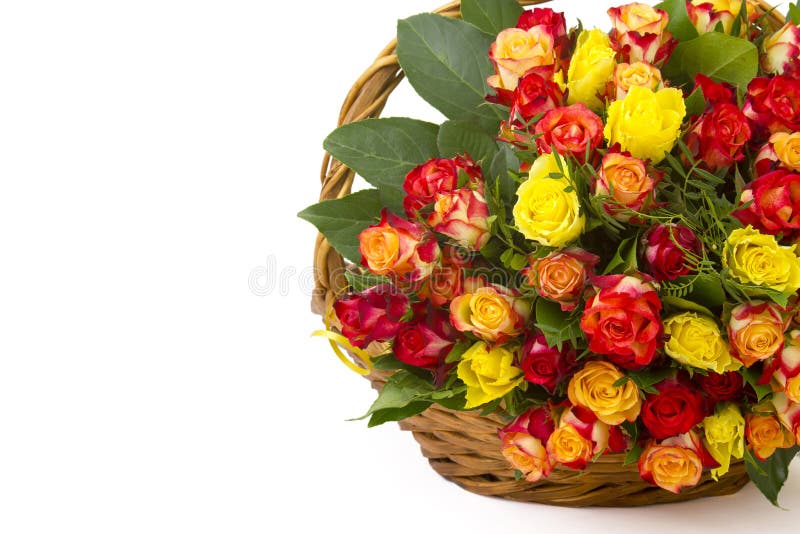 A Bouquet of Multicolored Roses in a Basket Stock Photo - Image of love ...