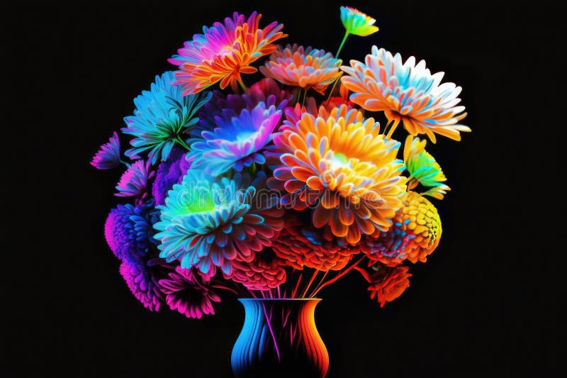 Bouquet of Neon Spring Flowers in a Vase. Black Background Stock ...