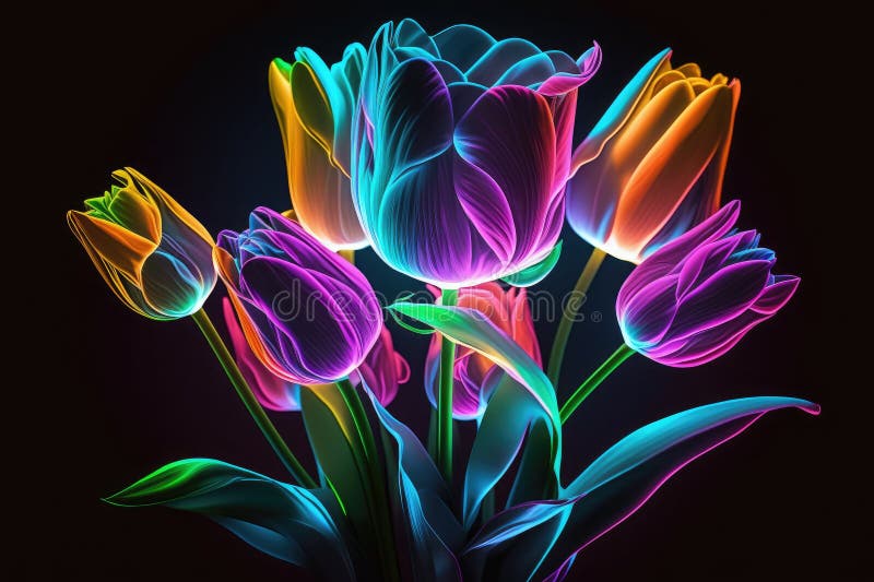 Bouquet of Neon Tulips on a Black Background. Generative AI Stock ...