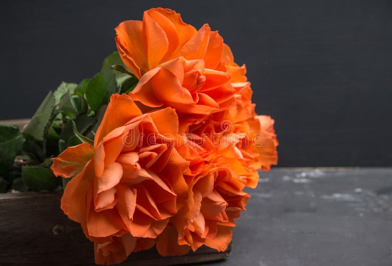 Bouquet with Orange Roses on the Rustic Background Stock Image - Image ...