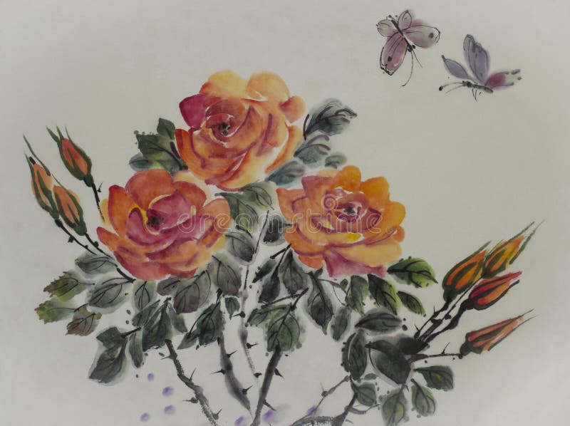 Bouquet of Orange Roses and Two Butterflies Stock Illustration ...