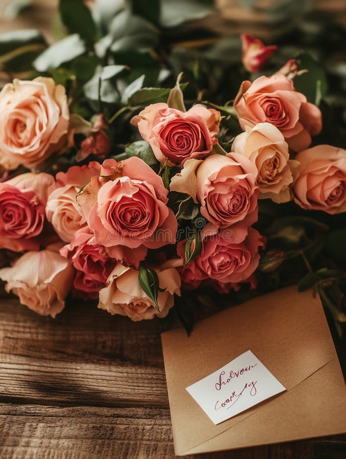 A Bouquet of Pink and Peach Roses Rests on a Rustic Wooden Table ...