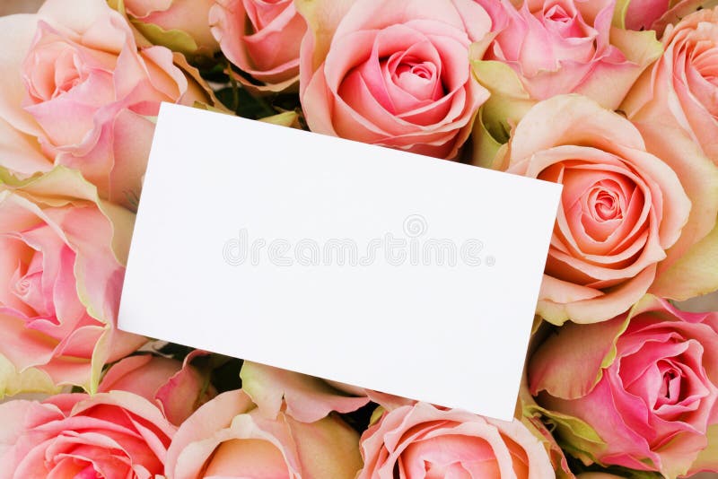 Bouquet of Pink Roses in Basketwith Greeting Card Stock Image - Image ...