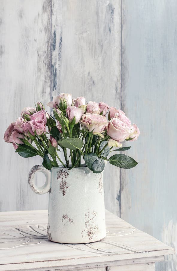 Bouquet of Pink Roses in Ceramic Vase Stock Image - Image of ...