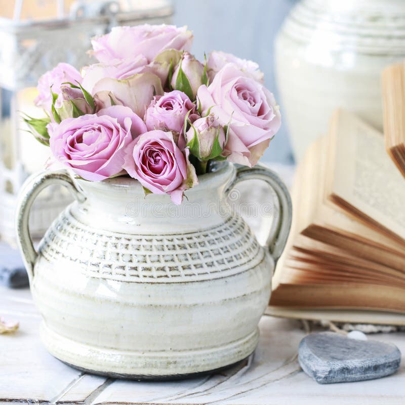 Bouquet of Pink Roses in Ceramic Vase Stock Image - Image of lovely ...
