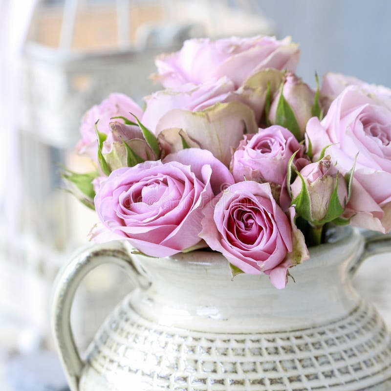 Bouquet of Pink Roses in Ceramic Vase Stock Photo - Image of darling ...