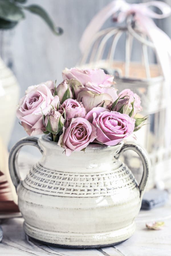 Bouquet of Pink Roses in Ceramic Vase Stock Photo - Image of gardening ...