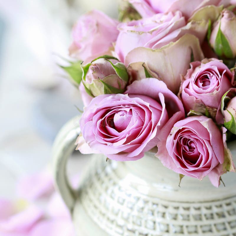 Bouquet of Pink Roses in Ceramic Vase Stock Photo - Image of ceramic ...