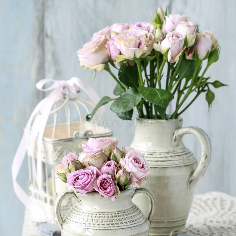 Bouquet of Pink Roses in Ceramic Vase Stock Photo - Image of blooming ...