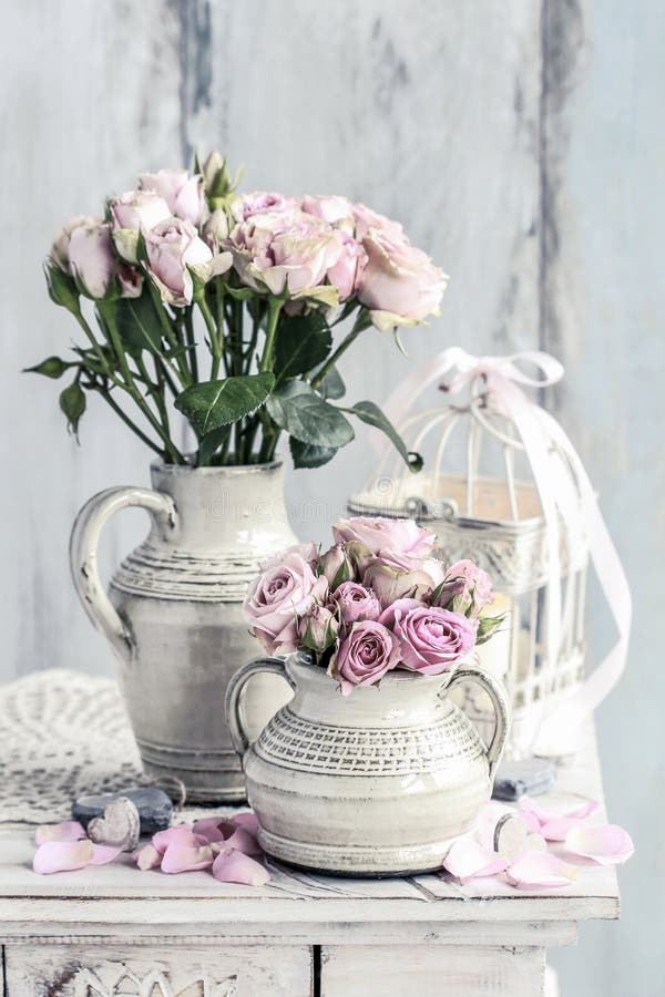 Bouquet of Pink Roses in Ceramic Vase Stock Image - Image of beauty ...