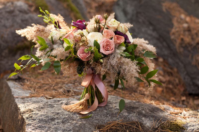 Bouquet of Pink Roses and Greenery Stock Photo - Image of couple ...