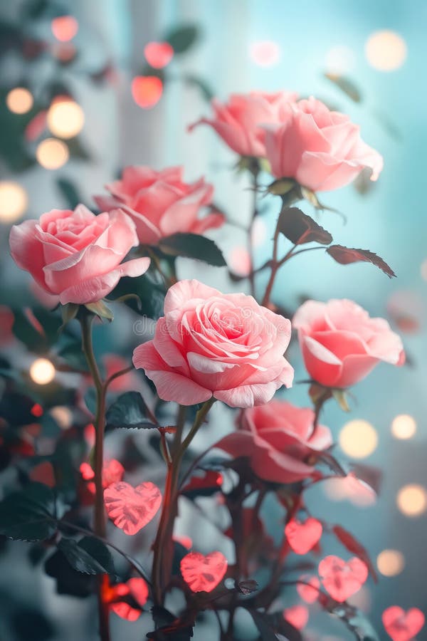 A Bouquet Of Pink Roses With Hearts Surrounding Them Generative Ai Stock Image Image Of