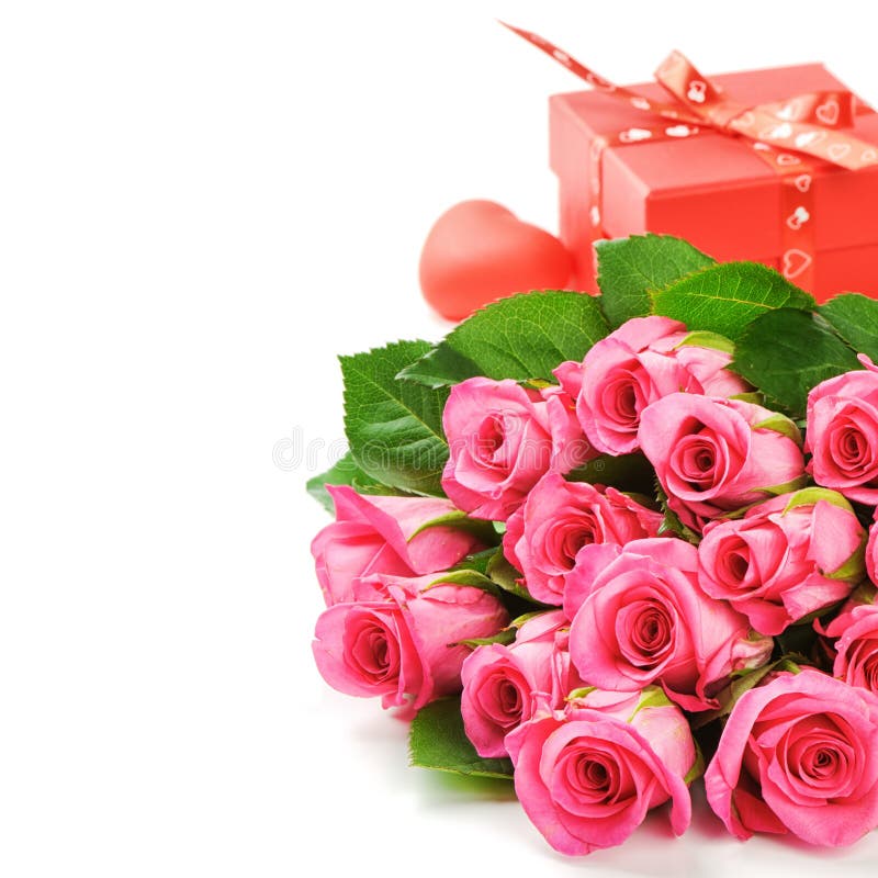 Bouquet of Pink Roses with Valentine S Present Stock Image - Image of ...
