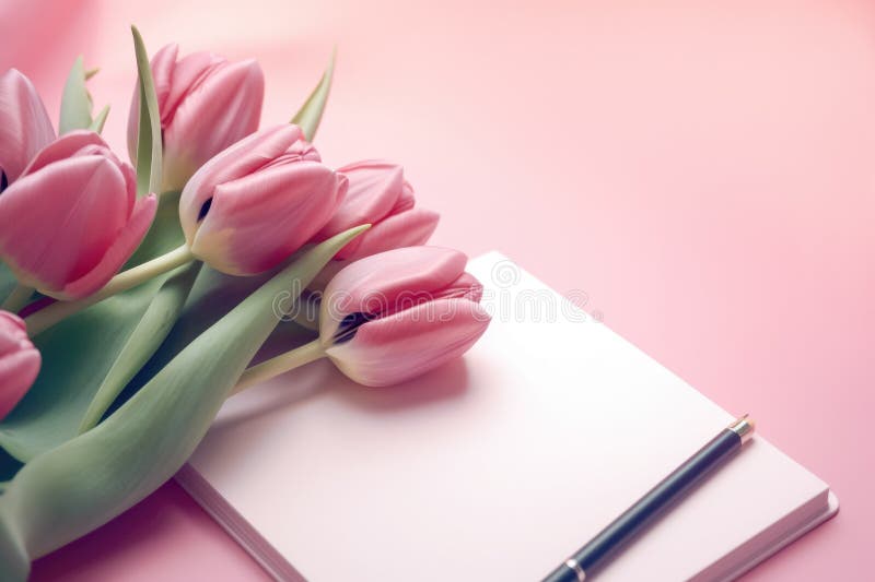 Bouquet of Pink Tulips and Empty Notebook. Spring Flowers Lie on Opened ...