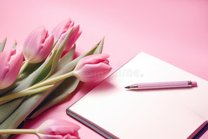 Bouquet of Pink Tulips and Empty Notebook. Spring Flowers Lie on Opened ...