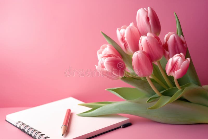 Bouquet of Pink Tulips and Empty Notebook. Spring Flowers Lie on Opened ...