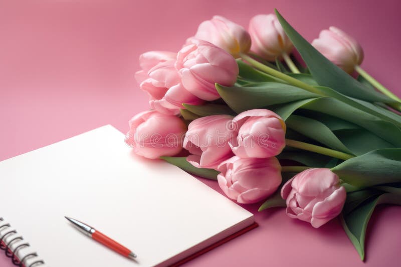 Bouquet of Pink Tulips and Empty Notebook. Spring Flowers Lie on Opened ...