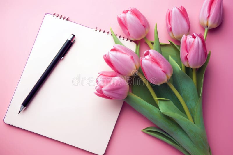 Bouquet of Pink Tulips and Empty Notebook. Spring Flowers Lie on Opened ...