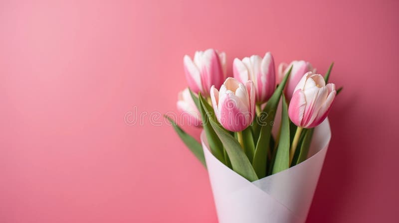 Bouquet of Pink Tulips in White Paper Wrapper on Pink Background Stock ...