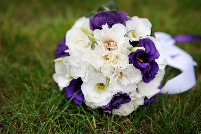 Bouquet of Purple Flowers Lying on the Grass Stock Photo - Image of ...