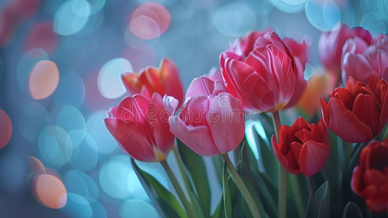 A Bouquet of Red and Pink Tulips with a Blue Background. Generative AI ...