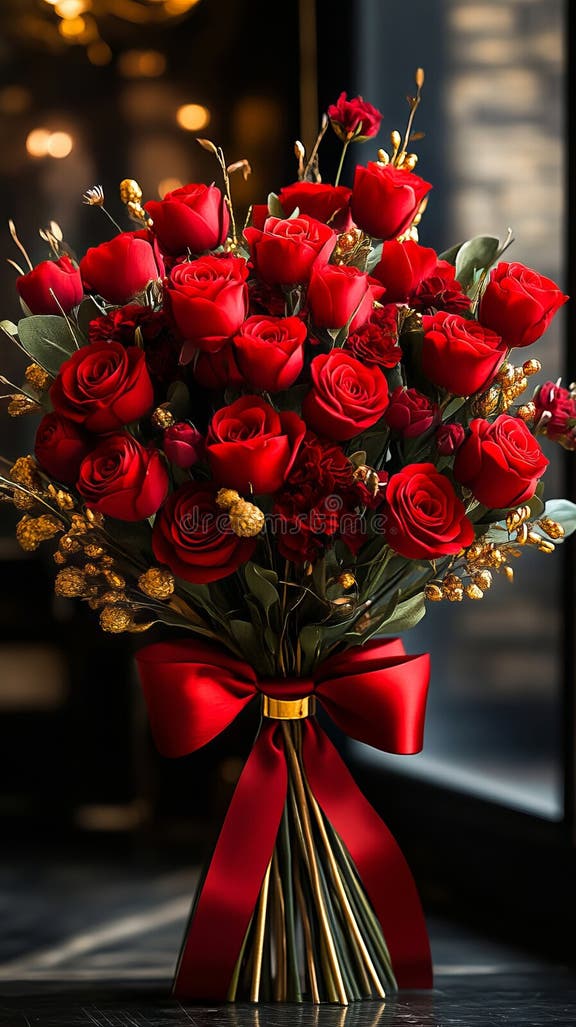 A Bouquet of Red Roses with a Red Bow Stock Image - Image of tied ...