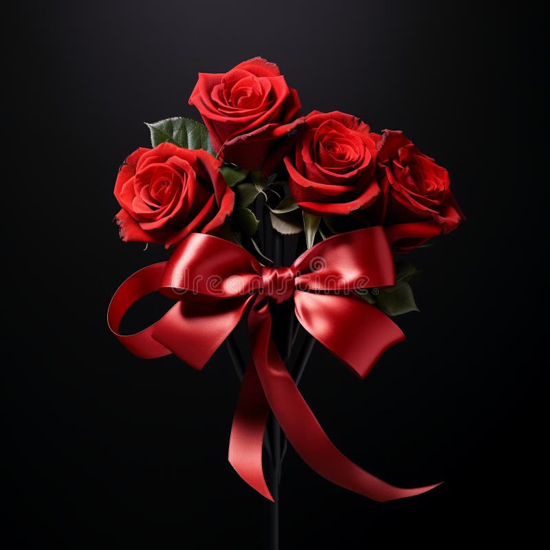 Bouquet of Red Roses with a Red Bow on a Black Background Stock ...