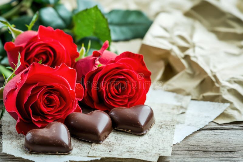 A Bouquet of Red Roses and Chocolates on a Romantic Note Stock Photo ...