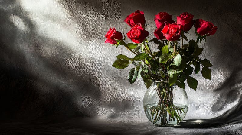 A Bouquet of Red Roses in a Clear Glass Vase with a Dramatic Light ...