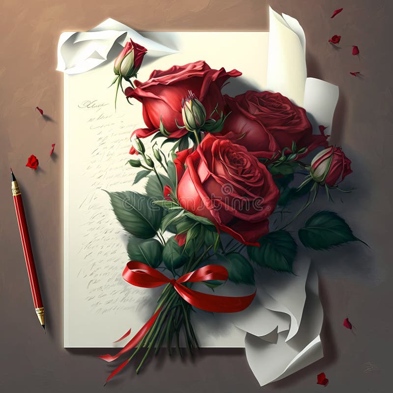 Bouquet of Red Roses with a Letter Stock Image - Image of valentine ...