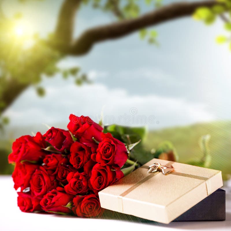Bouquet of Red Roses and a Present Stock Image - Image of festive ...